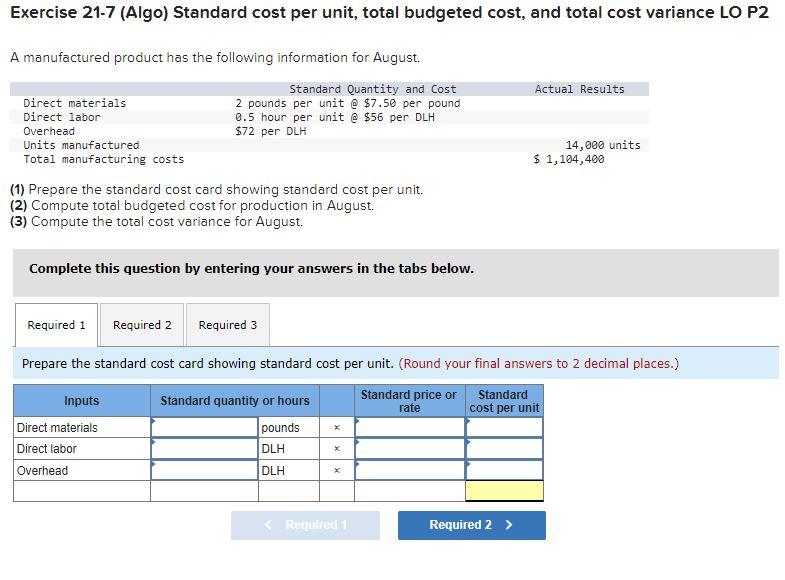Solved Exercise 21-7 (Algo) Standard cost per unit, total | Chegg.com