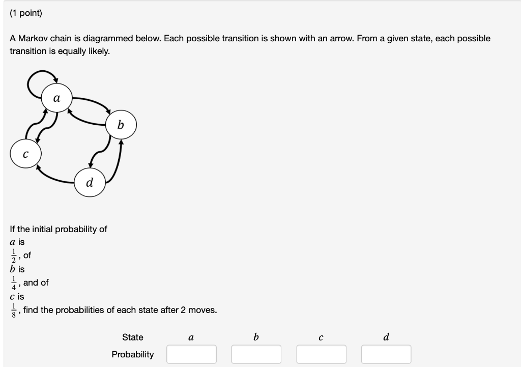 Solved (1 point) A Markov chain is diagrammed below. Each | Chegg.com