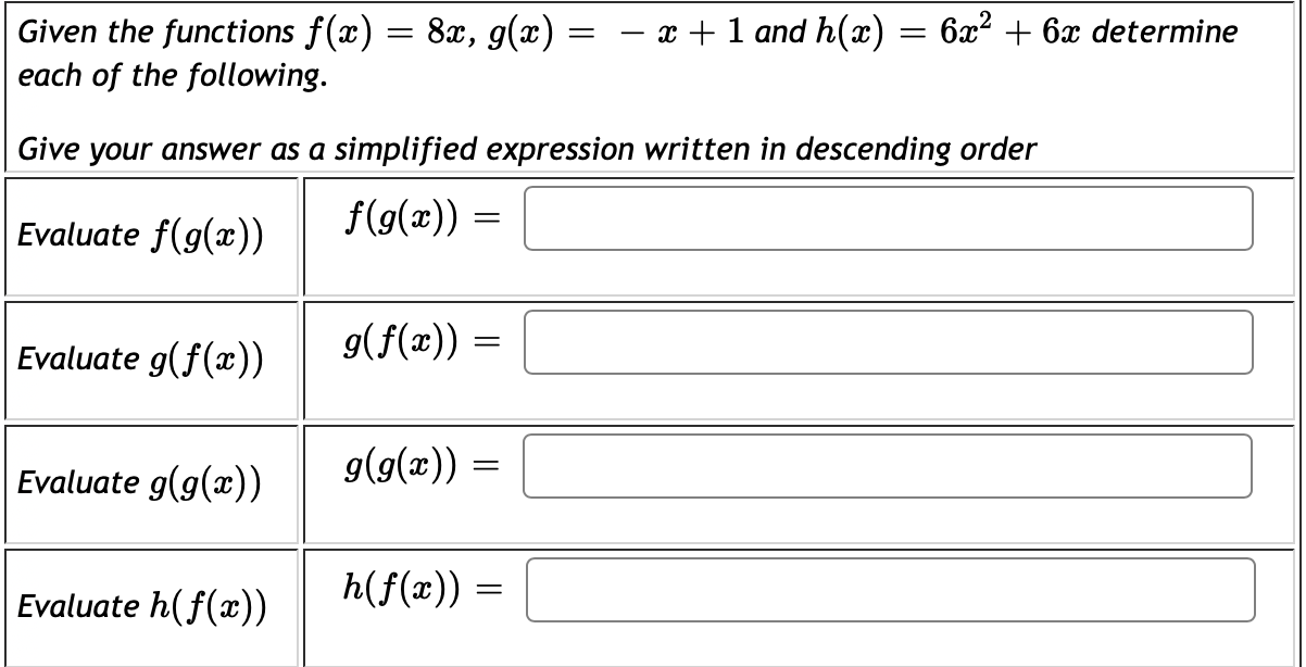 Solved Given the functions f(x)=8x,g(x)=-x+1 ﻿and | Chegg.com