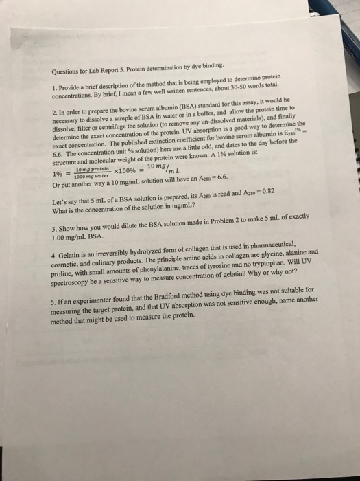Determination of Protein Concentration by dye binding | Chegg.com