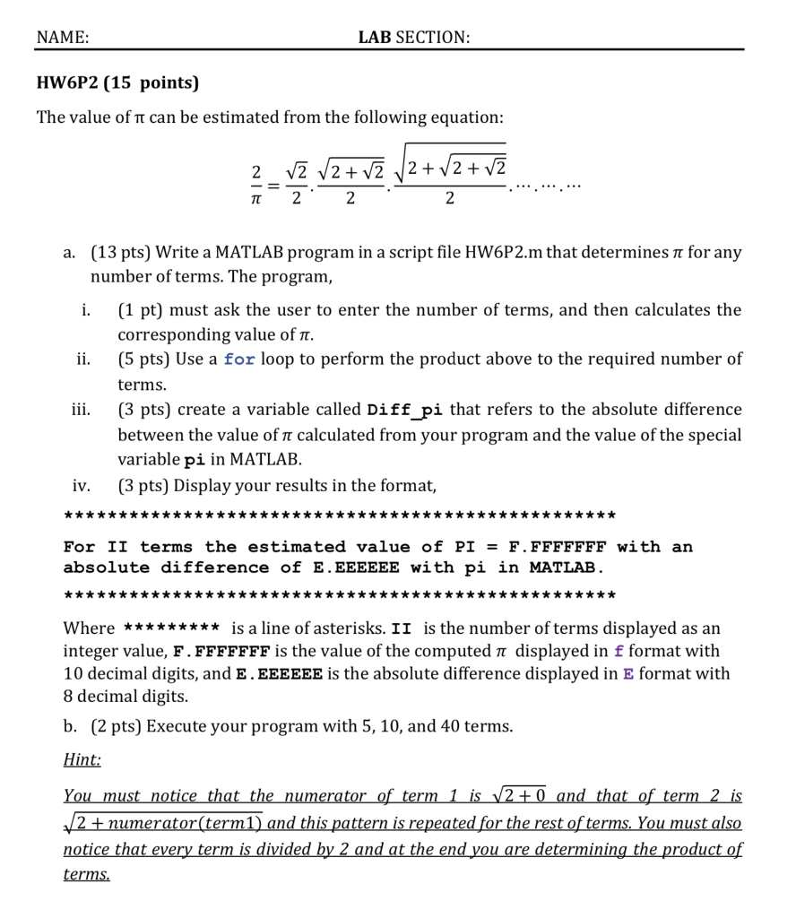 Solved NAME: LAB SECTION HW6P2 (15 points) The value of t | Chegg.com