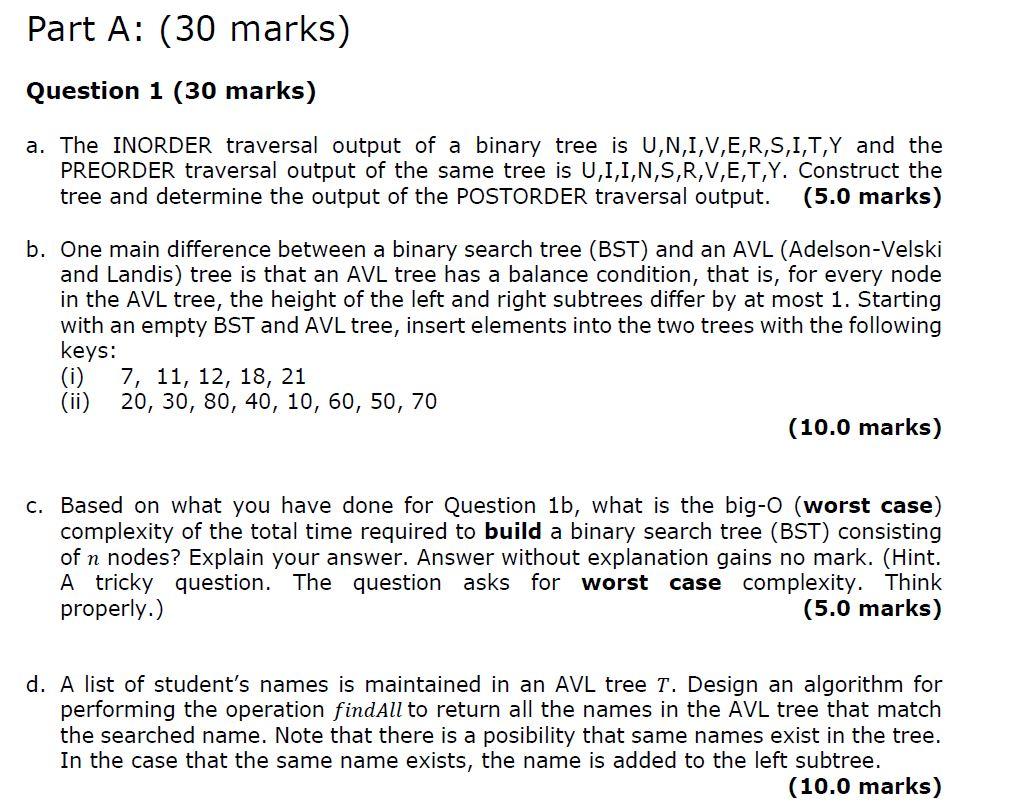 Solved Part A: (30 marks) Question 1 (30 marks) a. The | Chegg.com