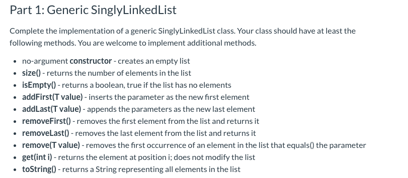 Solved Part 1: Generic SinglyLinked List Complete the | Chegg.com