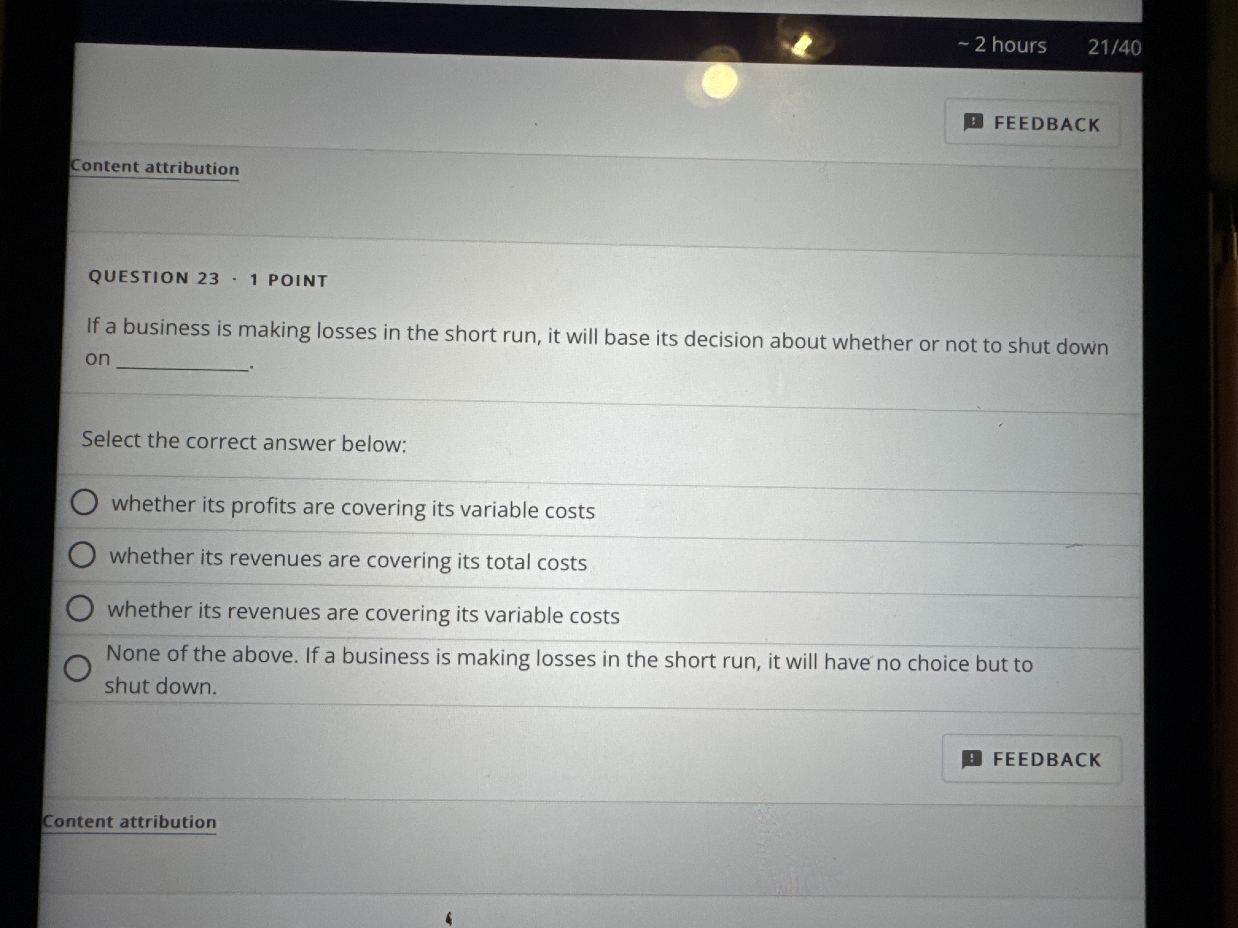 Solved 2 ﻿hours21/40FEEDBACKContent attributionQUESTION | Chegg.com