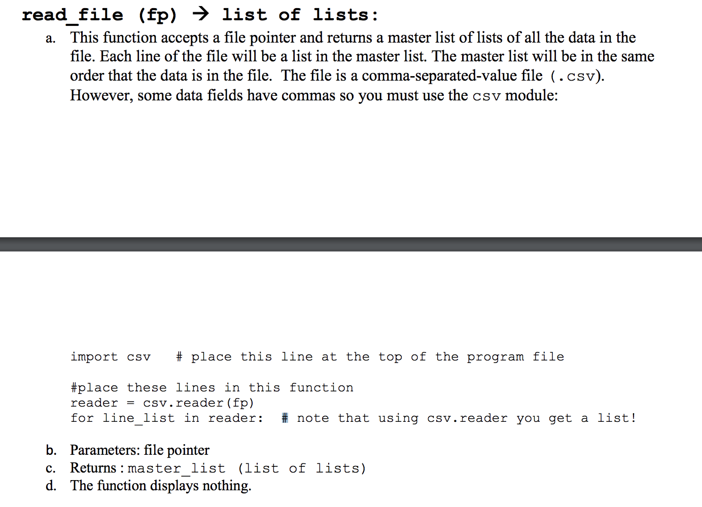 Solved read_file (fp) → list of lists: a. This function | Chegg.com
