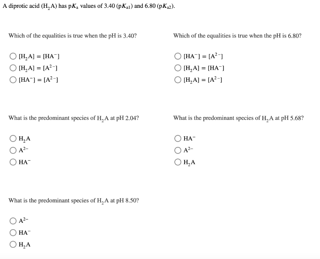 Solved A diprotic acid (H₂A) has pKa values of 3.40 (pKai) | Chegg.com