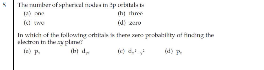 Solved 8 The number of spherical nodes in 3p orbitals is (b) | Chegg.com