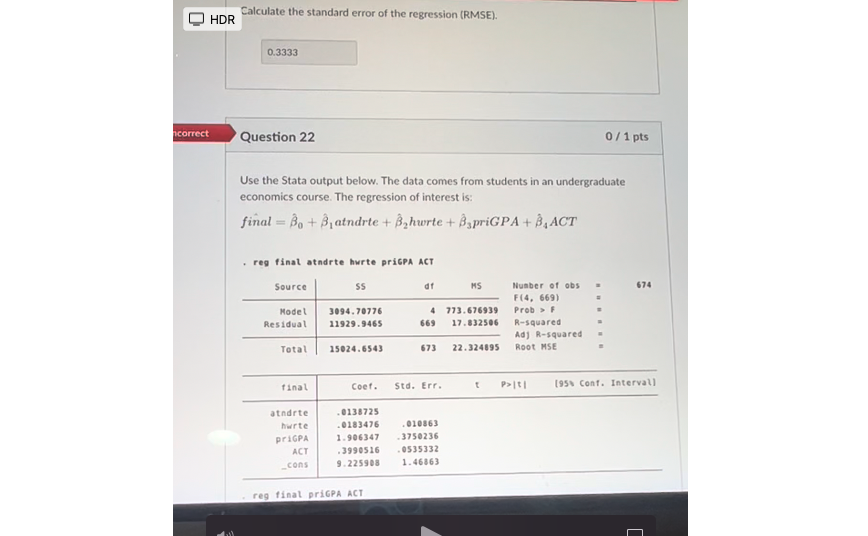 HDR Calculate the standard error of the regression | Chegg.com