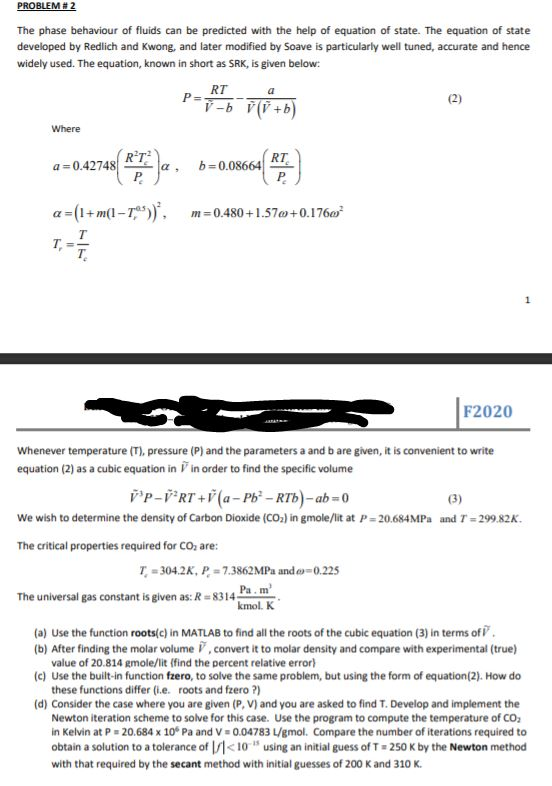 Solved PROBLEM #2 The phase behaviour of fluids can be | Chegg.com