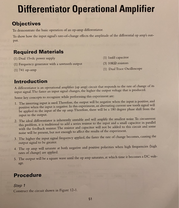 Differentiator Operational Amplifier Objectives To | Chegg.com