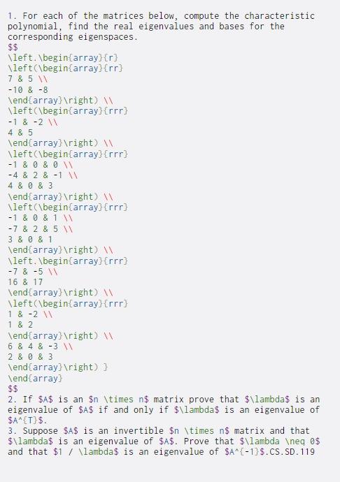 Solved 1. For each of the matrices below, compute the | Chegg.com