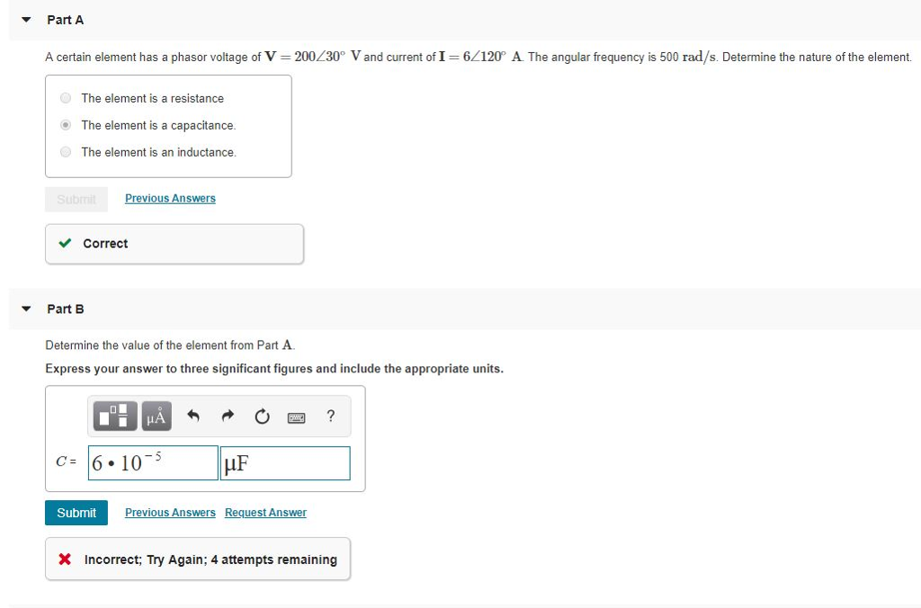 Solved Part A A certain element has a phasor voltage of V | Chegg.com