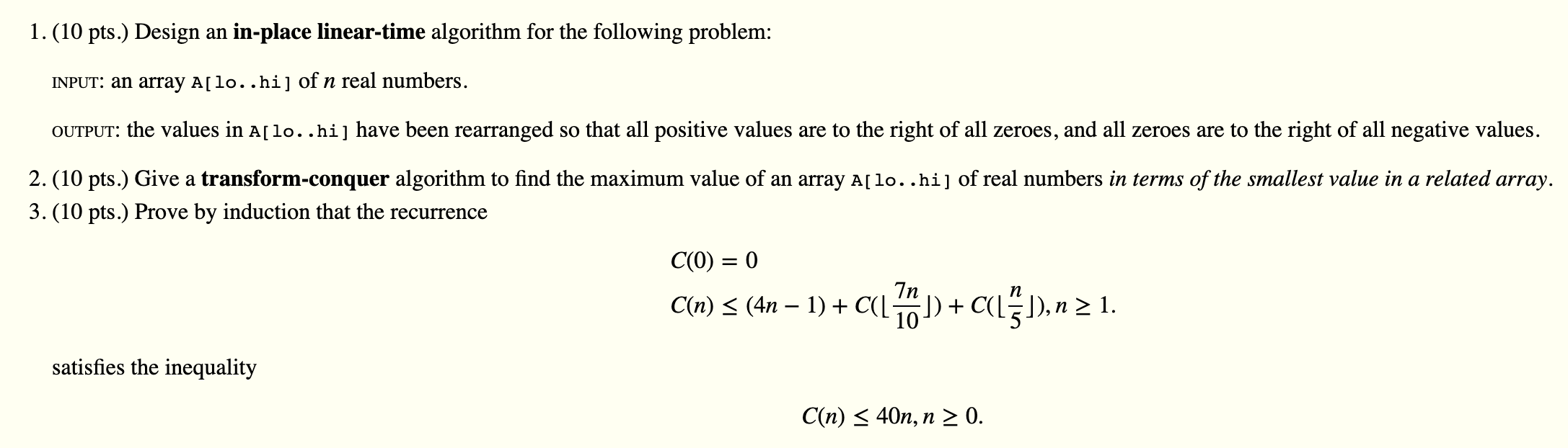 1. (10 pts.) Design an in-place linear-time algorithm | Chegg.com