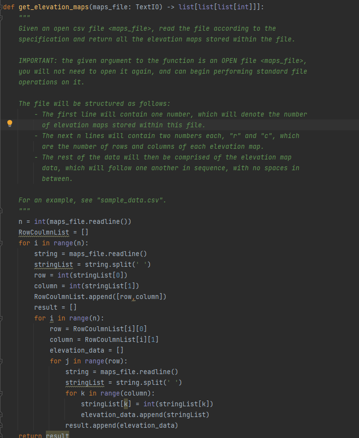 Solved def get_elevation_maps (maps_file: TextI0) -> | Chegg.com