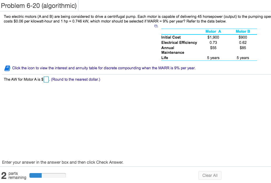 Solved Problem 6-20 (algorithmic) Two electric motors (A and | Chegg.com