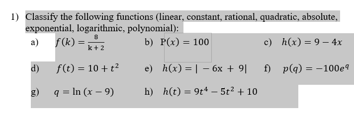 Solved 1) Classify the following functions (linear, | Chegg.com