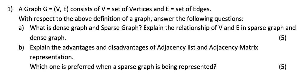 Solved 1) A Graph G = (V, E) consists of V = set of Vertices | Chegg.com