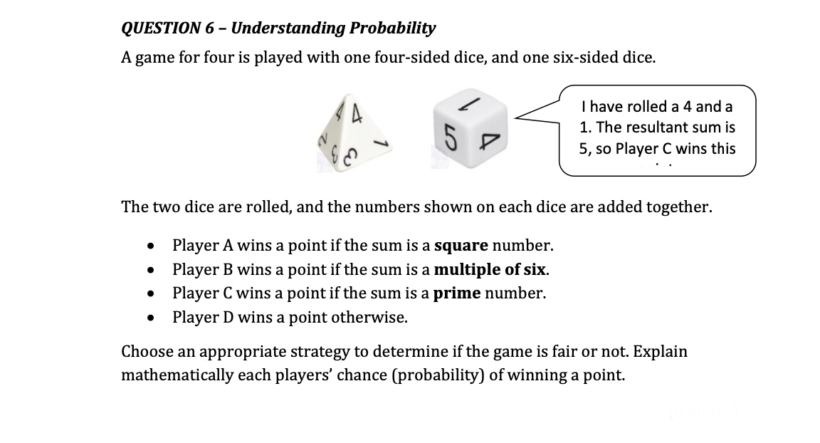 Solved QUESTION 6- Understanding Probability A game for four | Chegg.com