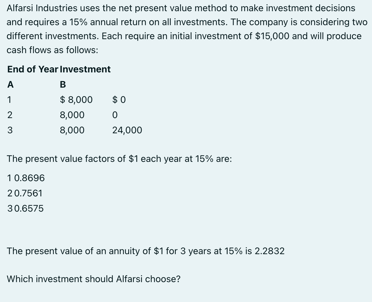 Solved Practice: a.Only Investment A is acceptable.b.Only | Chegg.com