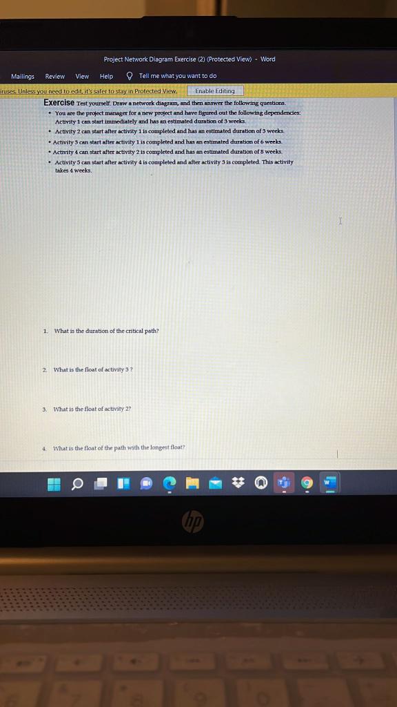 Solved Project Network Diagram Exercise (2) Protected View) | Chegg.com