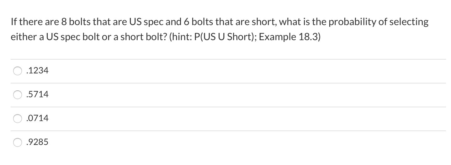 Solved If there are 8 bolts that are US spec and 6 bolts | Chegg.com