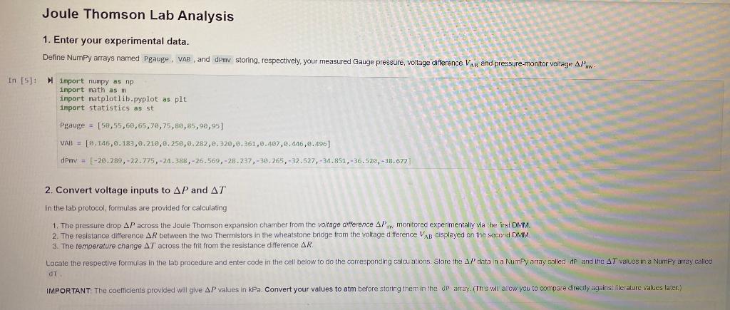 Solved Joule Thomson Lab Analysis 1. Enter your experimental | Chegg.com
