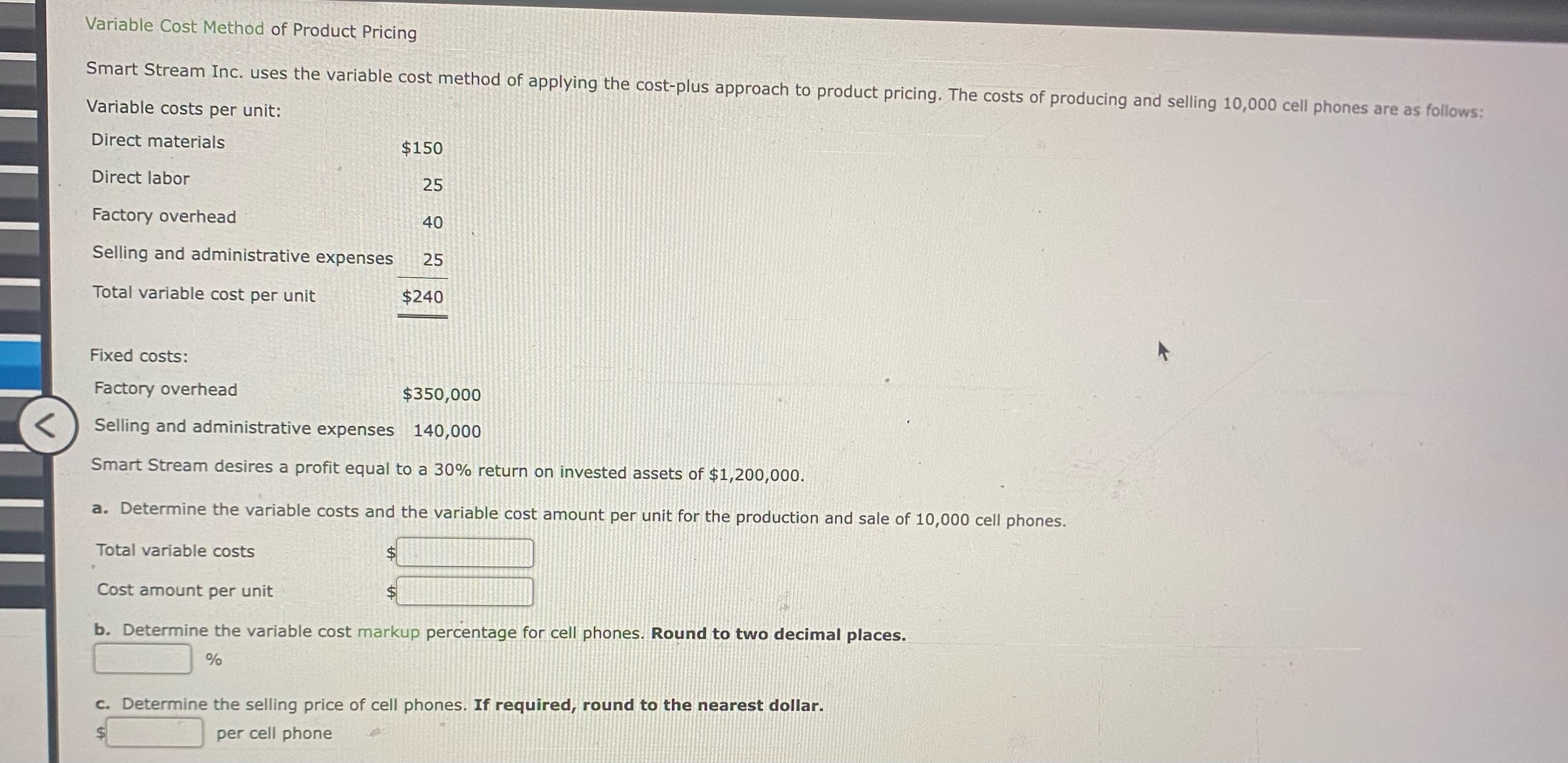 Solved Variable Cost Method of Product PricingSmart Stream | Chegg.com