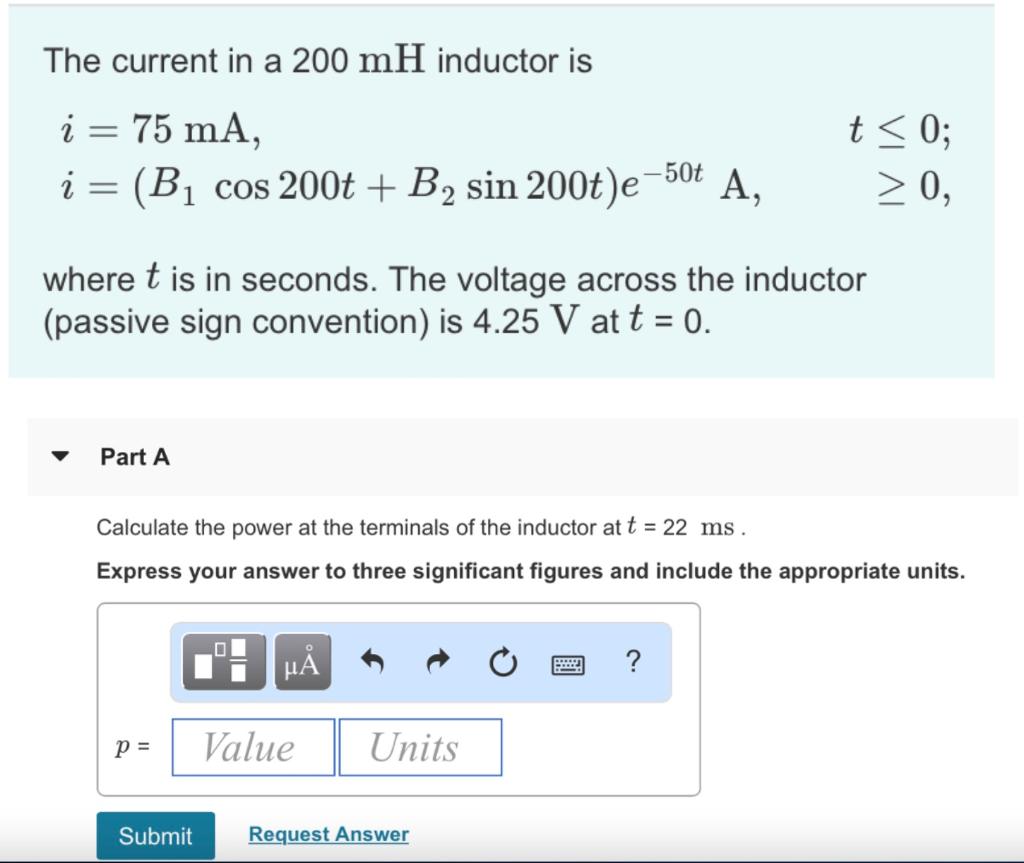 Solved The current in a 200mH inductor is i=75 | Chegg.com