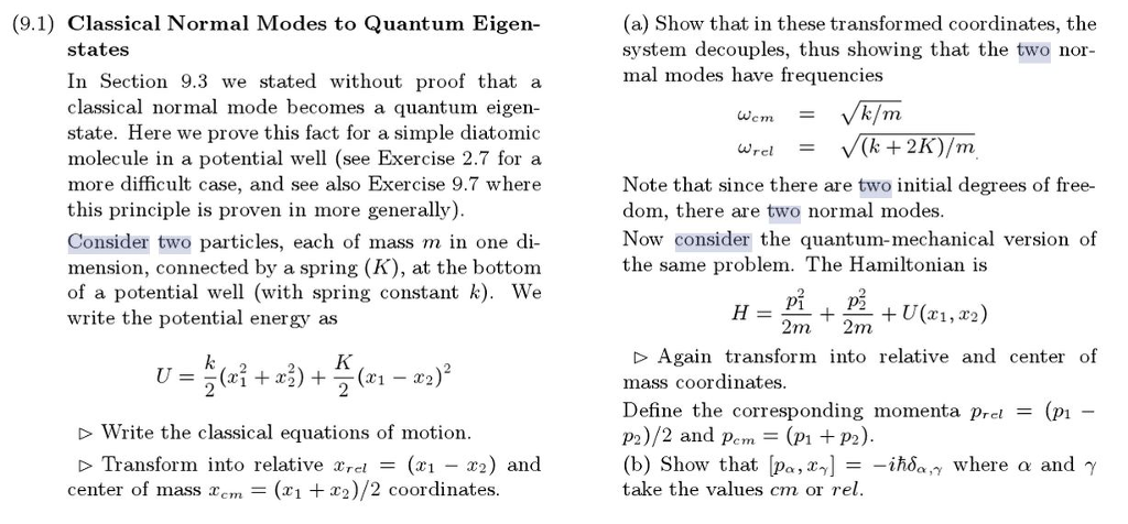 Solved (9.1) Classical Normal Modes to Quantum Eigenstates | Chegg.com