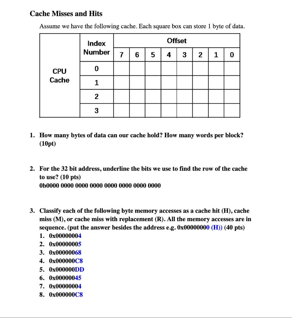 Solved Cache Misses and Hits Assume we have the following | Chegg.com