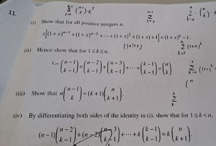 Solved ∑r=0n−1(n−1r)⋅xr∑r=0n−1∑k=0n⋅(nk)⋅k (i) Show that for | Chegg.com