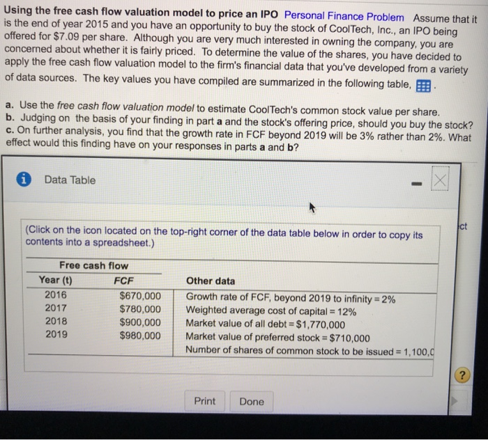 Solved Using the free cash flow valuation model to price an | Chegg.com