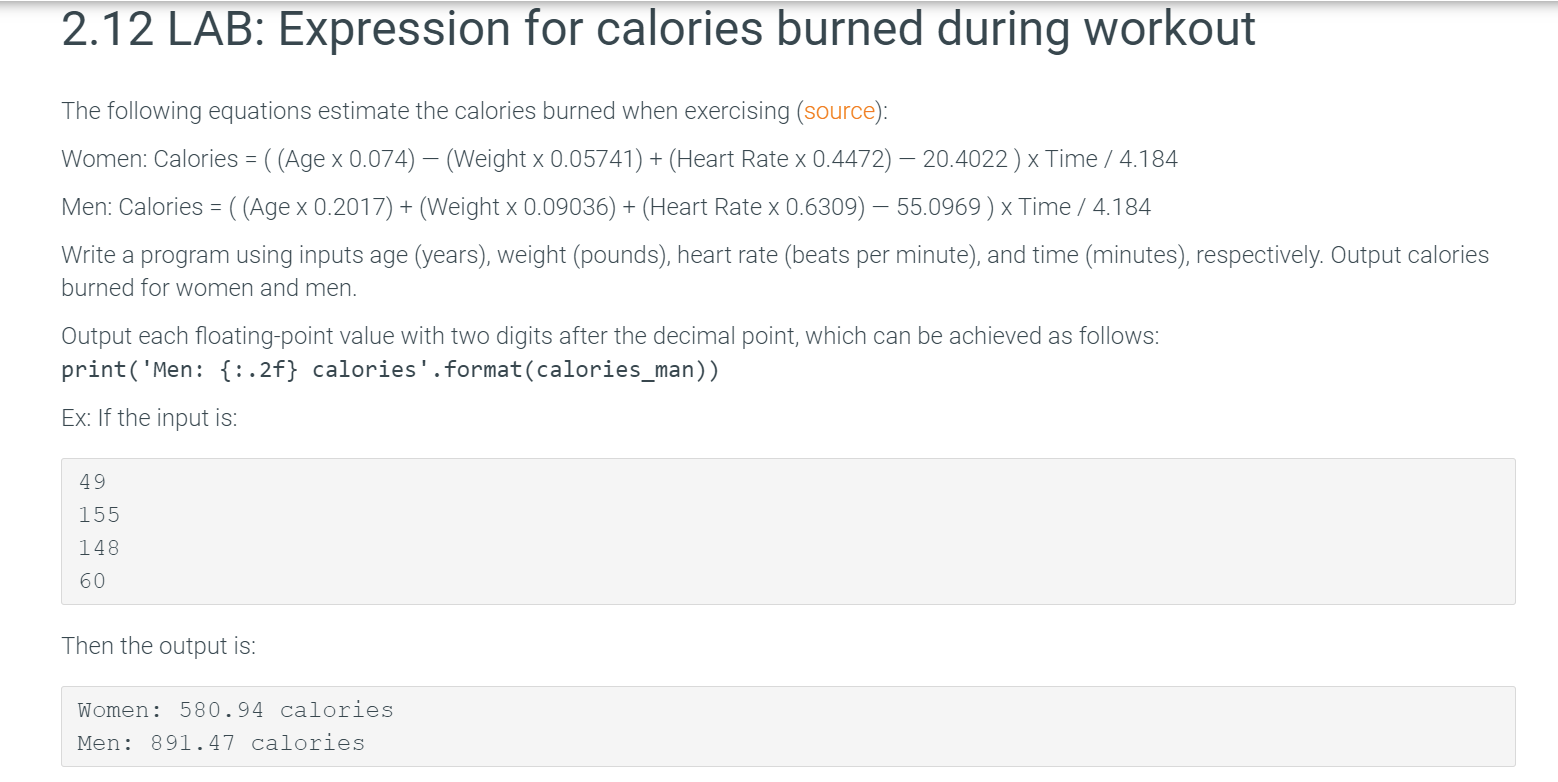 Solved 2.12 LAB: Expression for calories burned during | Chegg.com