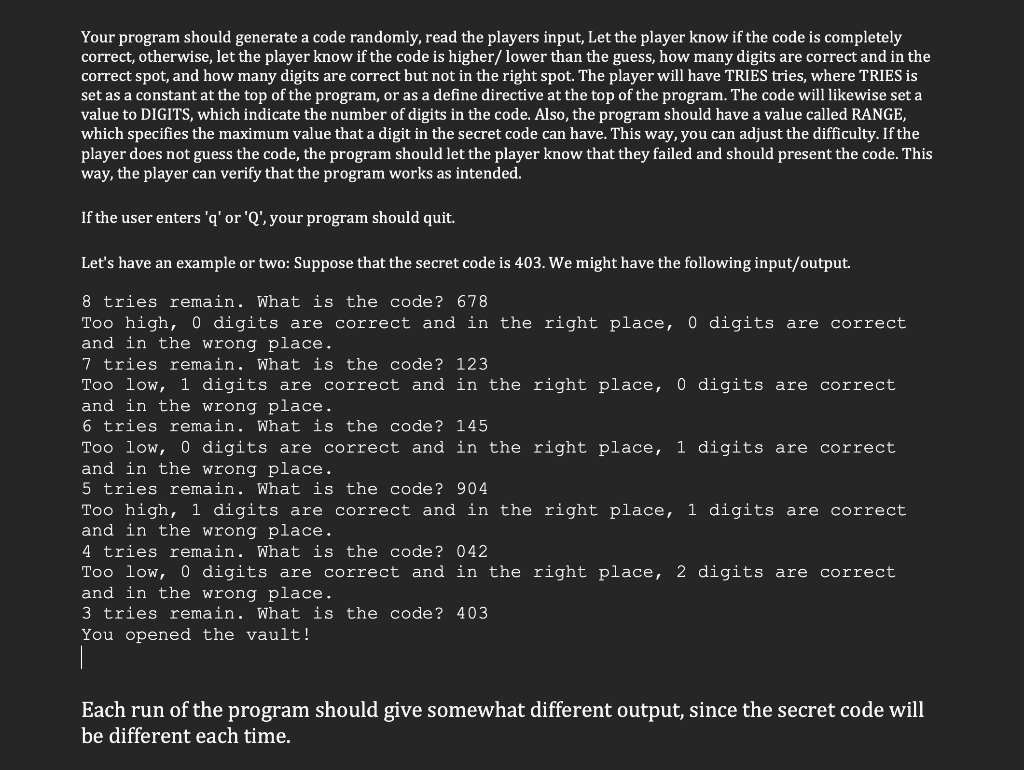 Solved Your program should generate a code randomly, read | Chegg.com