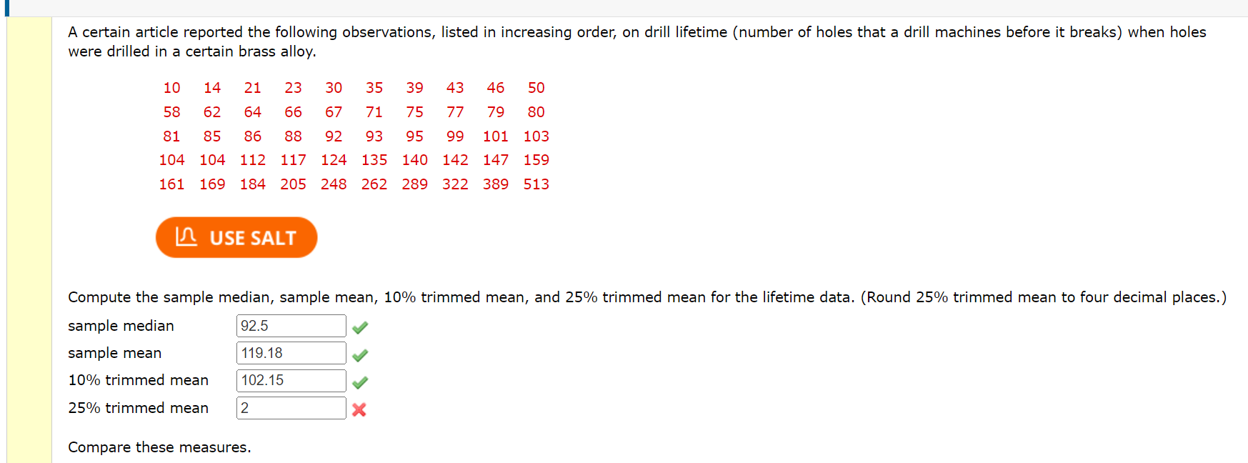Solved Compute the sample median, sample mean, 10% trimmed | Chegg.com