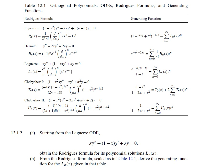 Solved Table 12.1 Orthogonal Polynomials: ODEs, Rodrigues | Chegg.com