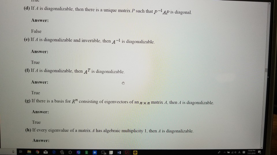 Solved (d) If A is diagonalizable, then there is a unique | Chegg.com