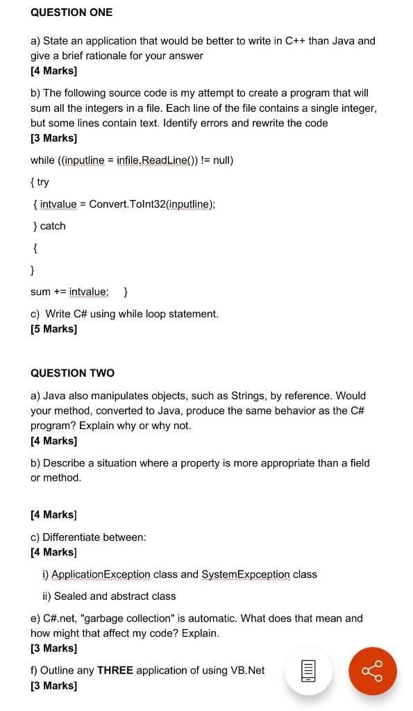 Solved QUESTION ONE a) State an application that would be | Chegg.com