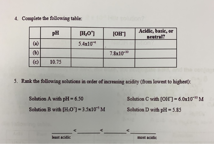 Solved 4. Complete the following table: Acidic, basic, or | Chegg.com