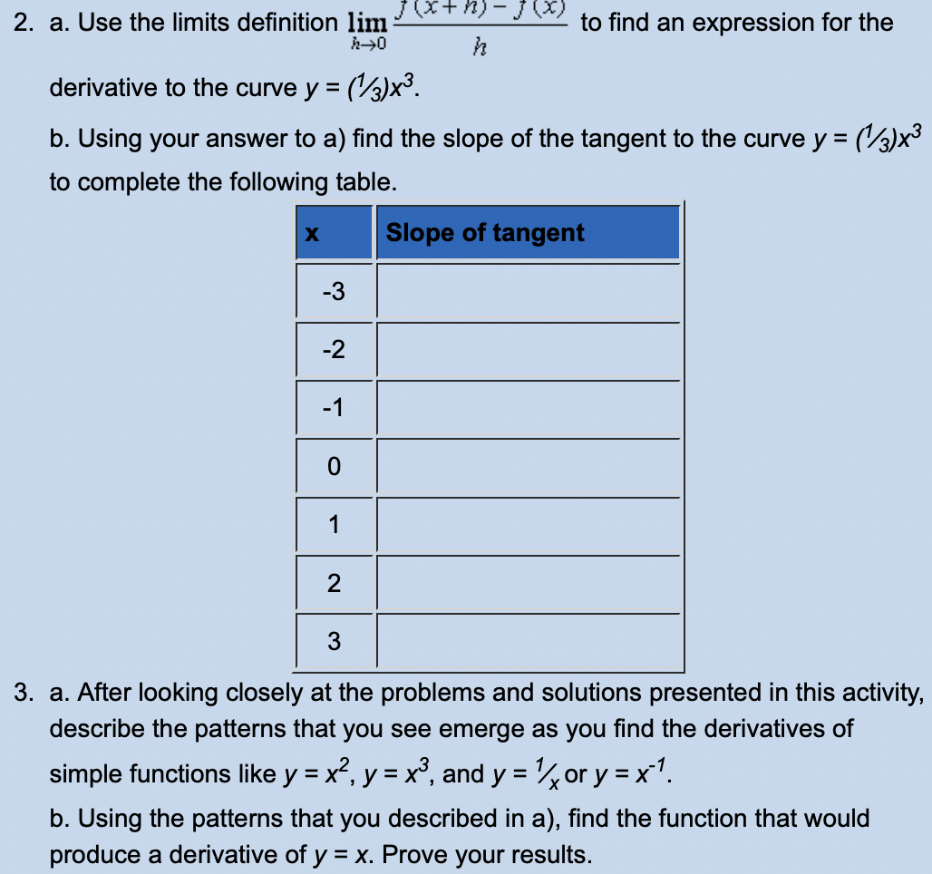 Solved 2. a. Use the limits definition limh→0hf(x+h)−f(x) to | Chegg.com