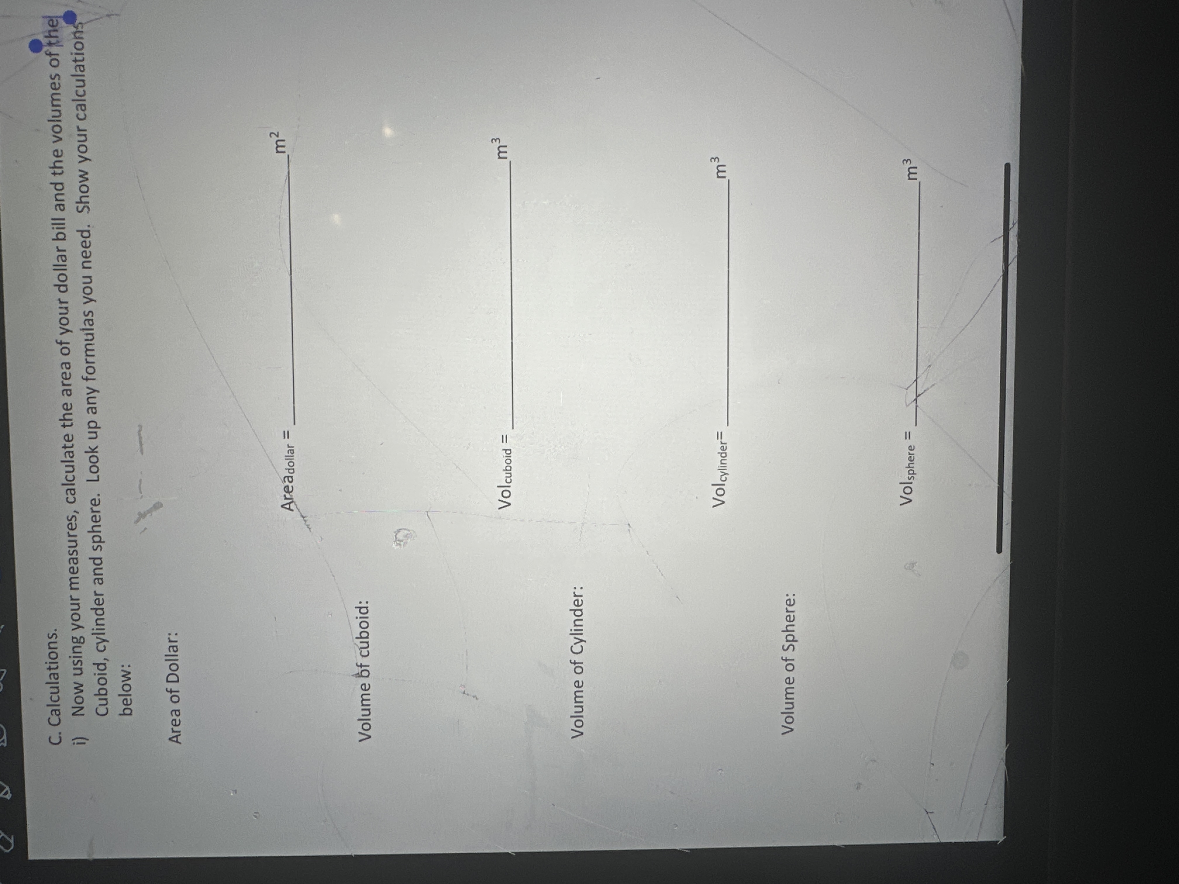 Solved C. ﻿Calculations.i=Volume bf ﻿cuboid:Volume of | Chegg.com