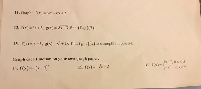 Solved 11. Graph: f(x) = 3x2-6x + 7 12. f(x)=3x+5, | Chegg.com