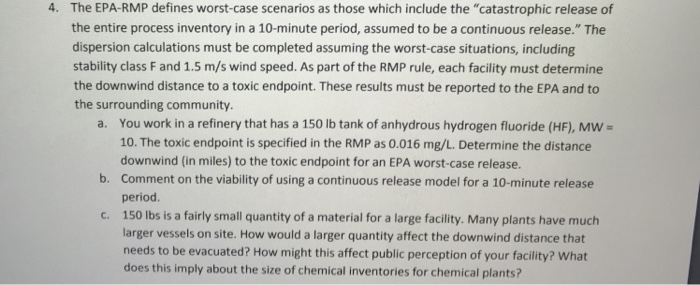 The EPA-RMP defines worst-case scenarios as those | Chegg.com
