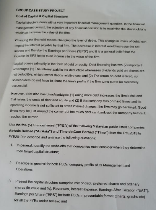 GROUP CASE STUDY PROJECT Cost of Capital & Capital | Chegg.com