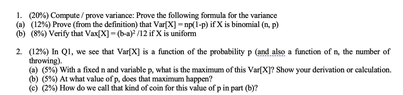 Solved 1. (20%) Compute / prove variance: Prove the | Chegg.com