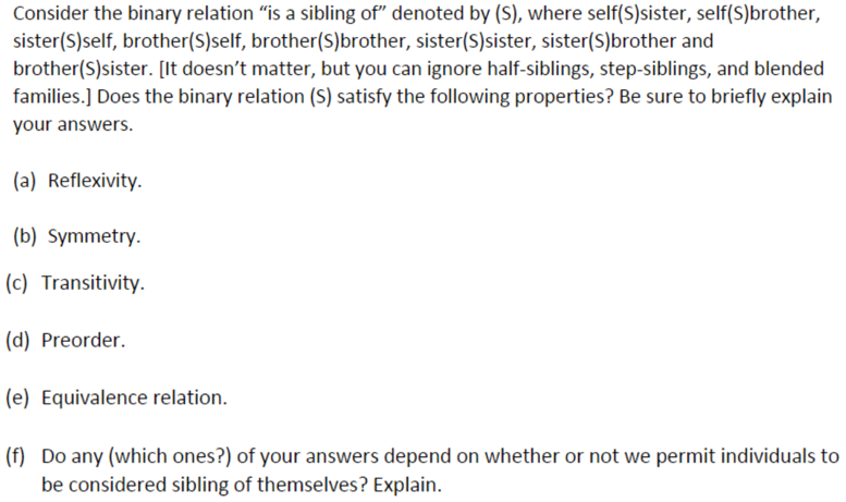 Solved Consider the binary relation “is a sibling of” | Chegg.com