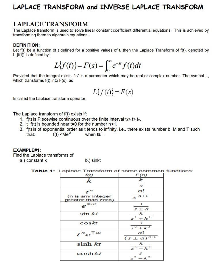 Solved LAPLACE TRANSFORM and INVERSE LAPLACE TRANSFORM | Chegg.com