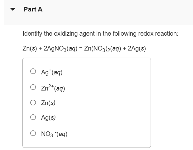 Solved Identify the oxidizing agent in ﻿the following redox | Chegg.com