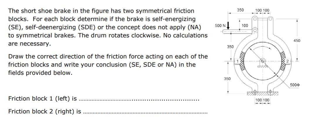 Solved 350 100 100 500 N 100 The short shoe brake in the | Chegg.com