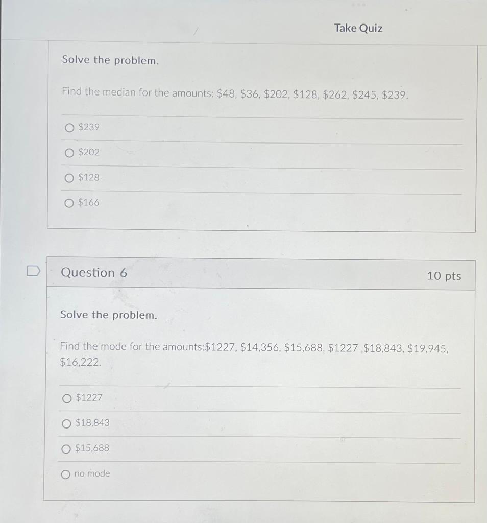 Solved Solve the problem. Find the median for the amounts: | Chegg.com